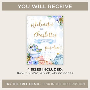 EDITABLE Tea Party Birthday Welcome Sign, Blue & Gold Par-tea Sign ...