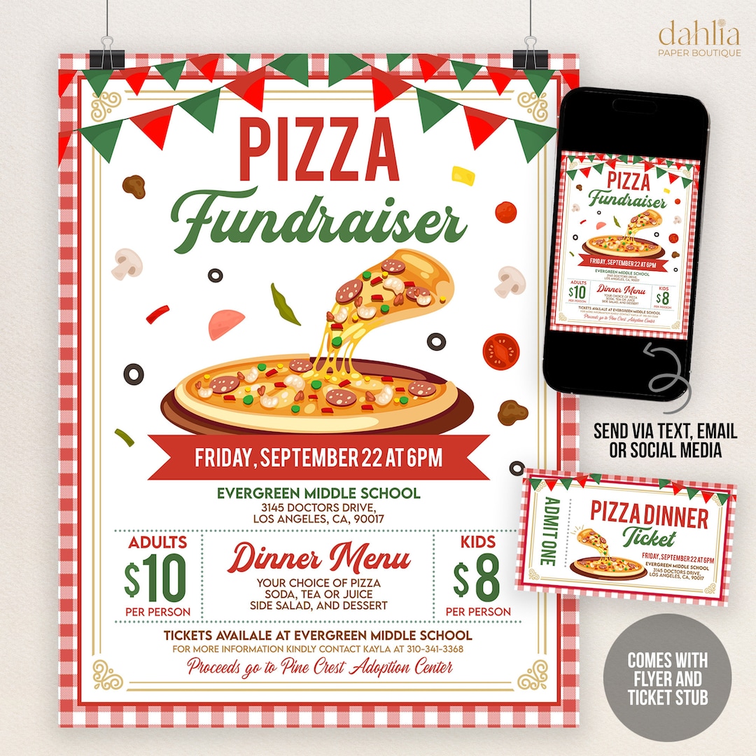 Editable Pizza Dinner Fundraiser Flyer Ticket, PTA PTO School Church ...