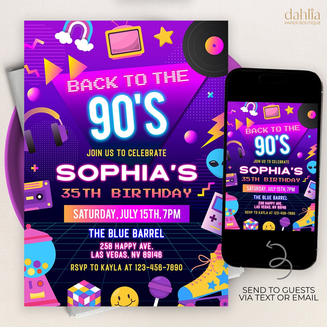 90s Party Invitation, Editable Retro Birthday Invite, Adult Neon Party ...