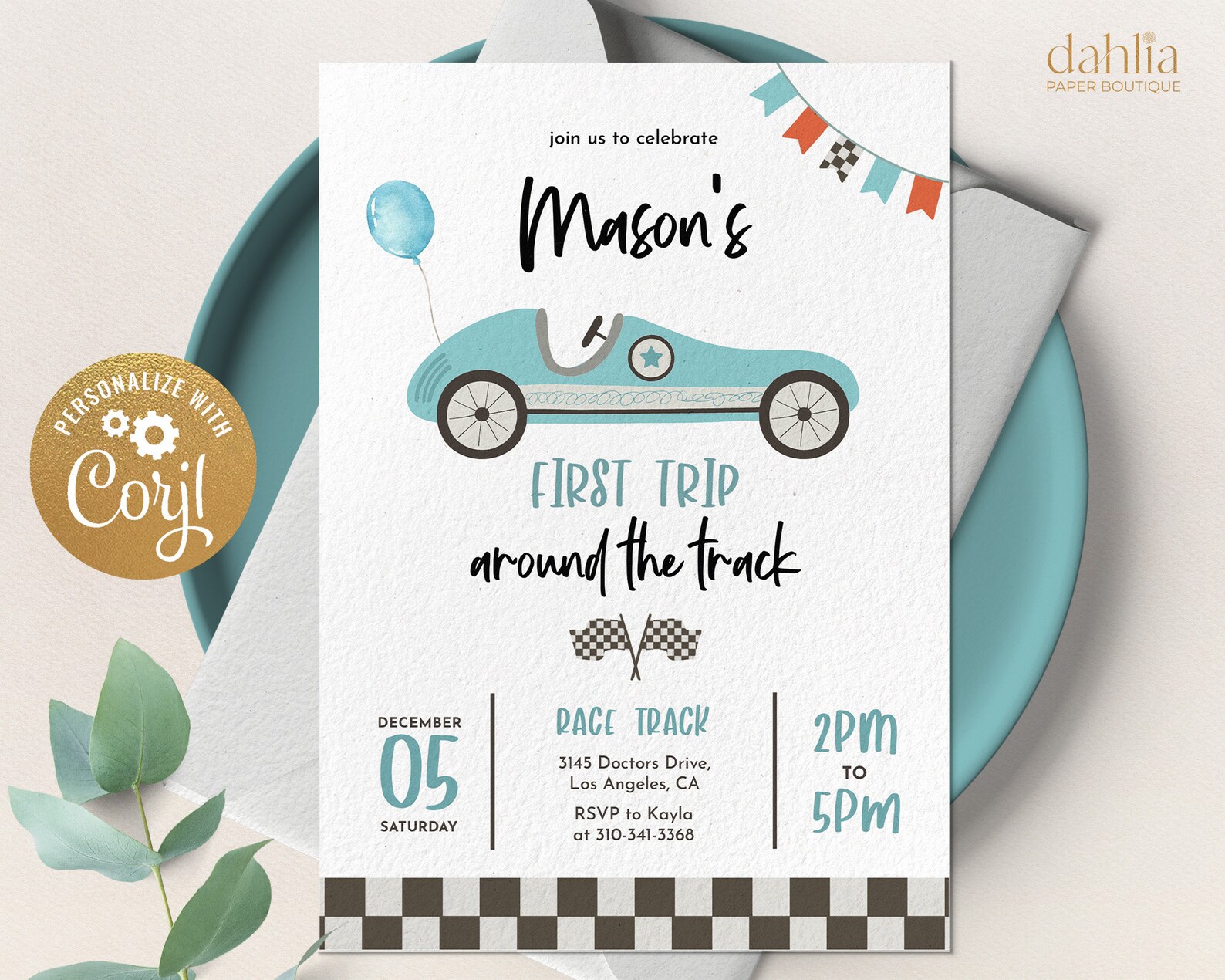 Blue Race Car First Birthday Invitation Template First Trip | Etsy