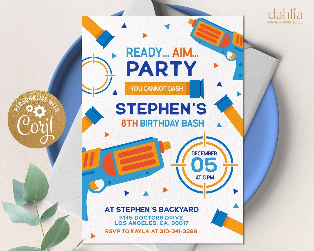 EDITABLE Dart Gun Party Invitation, Dart War Birthday Invite, Blue ...