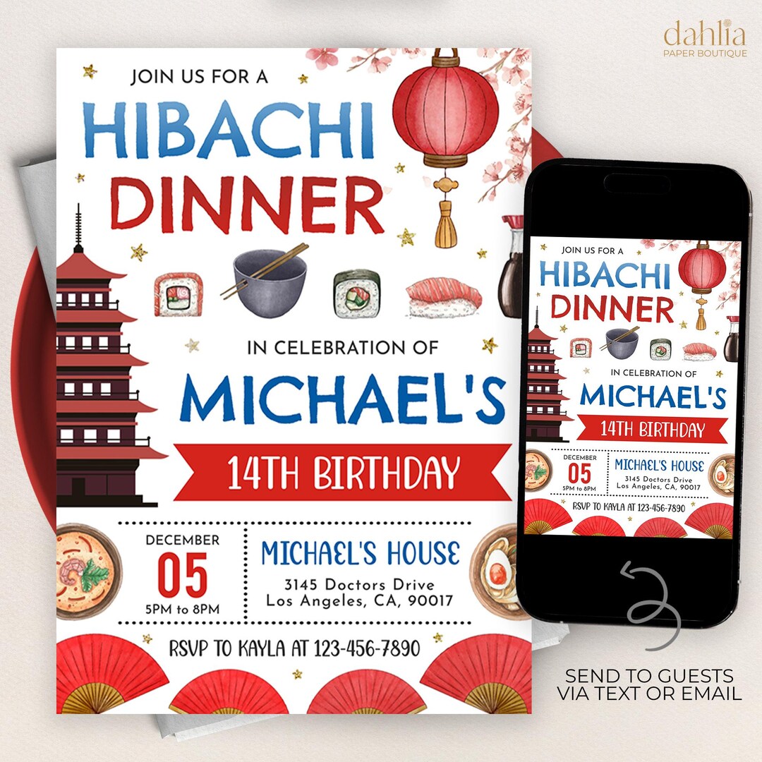 Hibachi Dinner Birthday Invitation, Editable Japanese Themed Party ...
