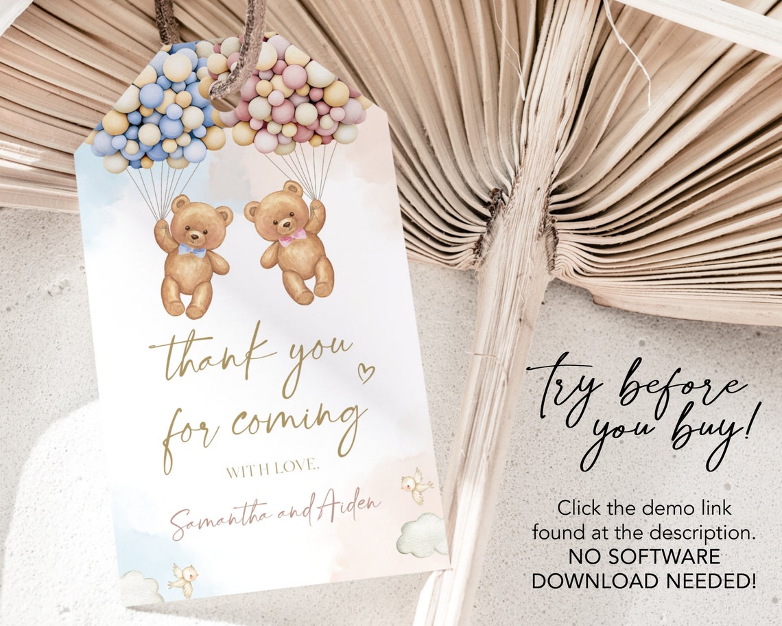 EDITABLE Teddy Bears Thank You for Coming Gift Tag Baby Boy - Etsy