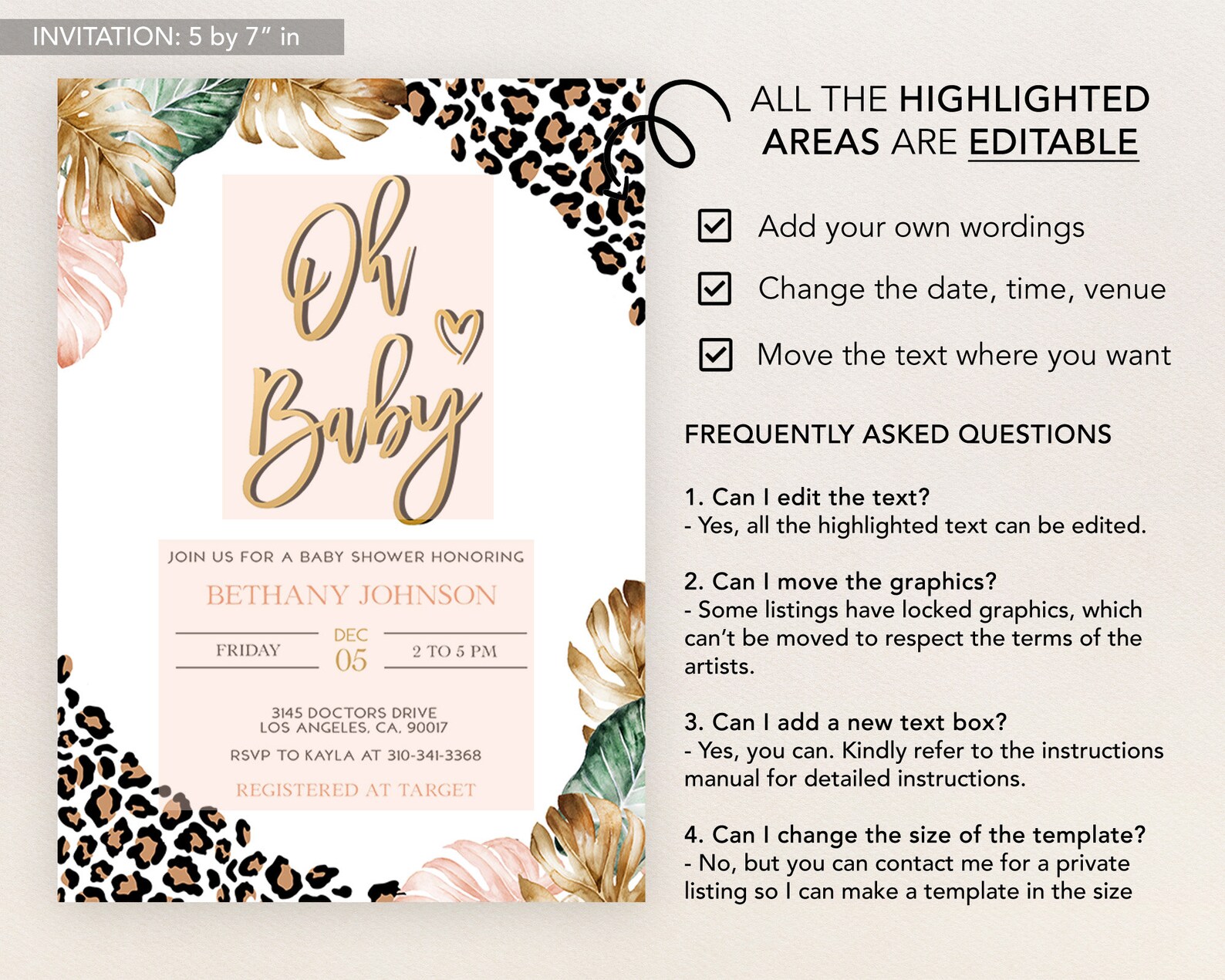 Leopard Baby Shower Invitation EDITABLE Oh Baby Party Invite - Etsy