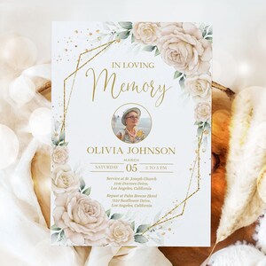 Champagne Floral Funeral Invitation, Editable Funeral Announcement ...