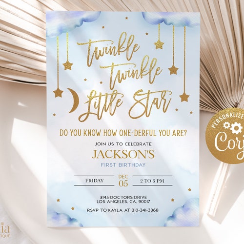 Editable 1st Birthday Invitation Template Moon & Star First - Etsy