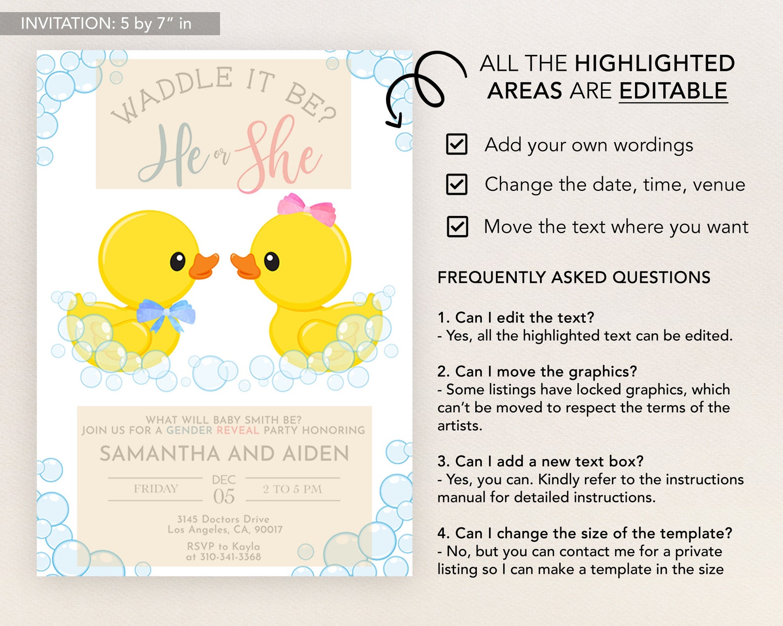 EDITABLE Rubber Duckie Gender Reveal Invitation, Waddle It Be Invite ...
