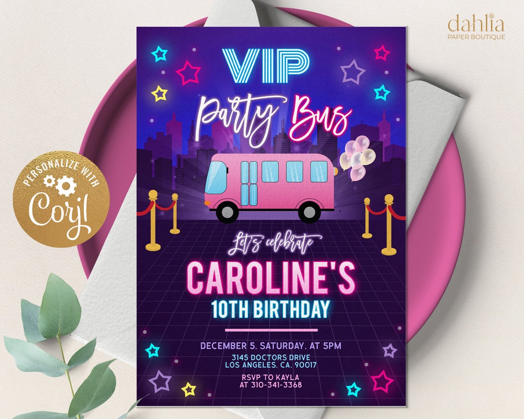 VIP Party Bus Invitation, EDITABLE Pink Limo Party Invite, Rock Star ...