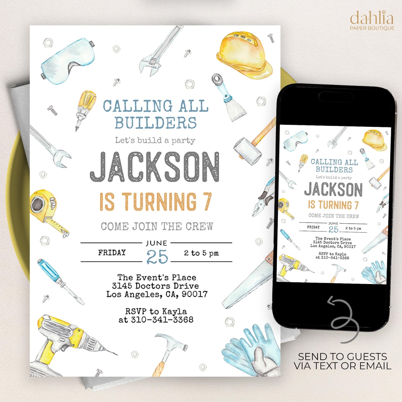 Handyman Builder Tools Birthday Invitation, EDITABLE Dump Trucks Party ...