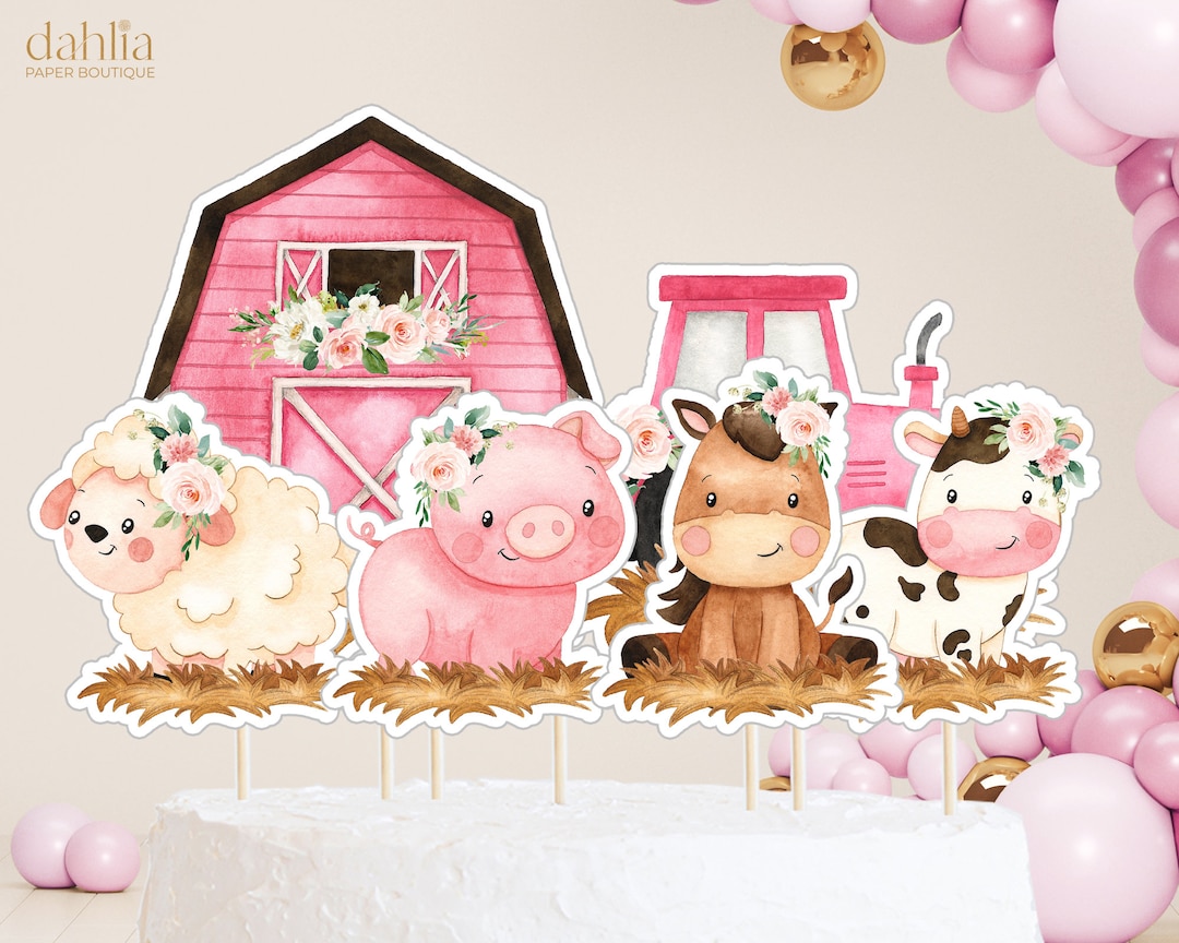 Farm Animals Birthday Cake Toppers, Barn Cutouts Centerpiece, Floral ...