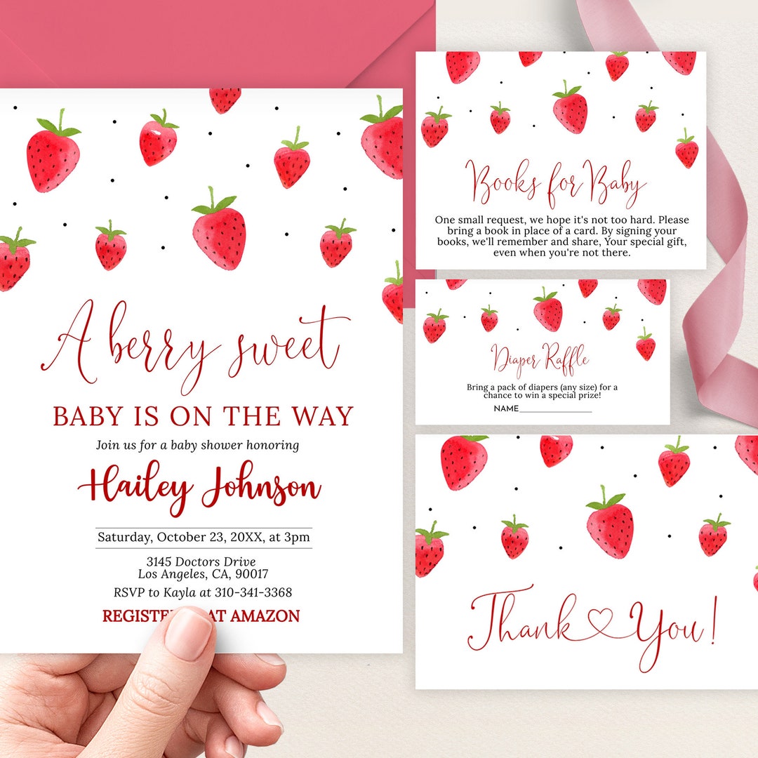 Strawberry Baby Shower Invitation Bundle, Editable Red Strawberry Baby ...