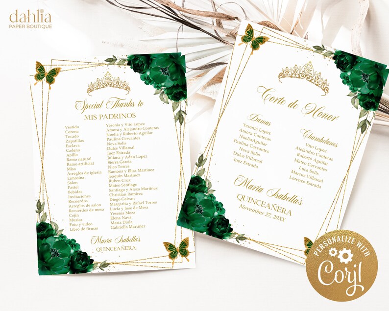Emerald Green and Gold Quinceañera Mis Padrinos List EDITABLE - Etsy