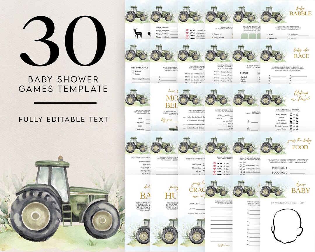 Tractor 30 Baby Shower Games, EDITABLE Rustic Green Farm Truck Games ...