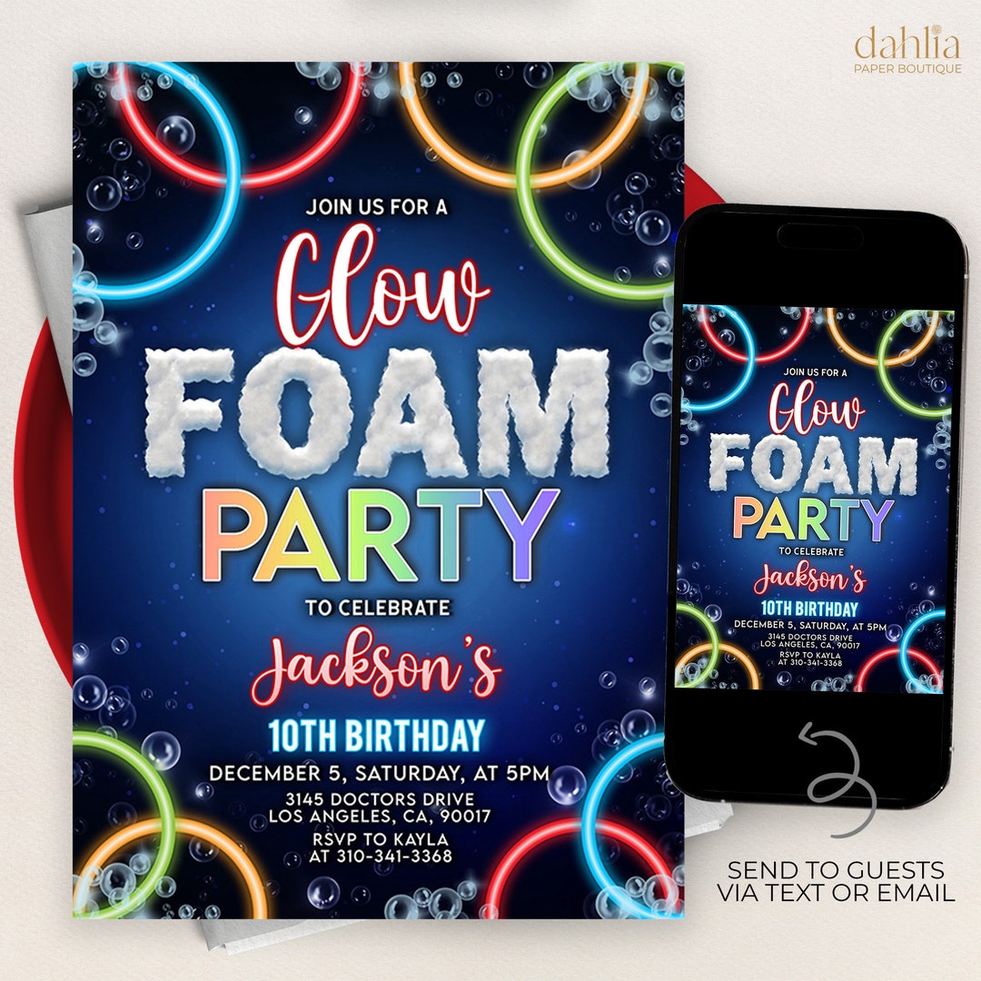 Glow Foam Party Birthday Invitation, EDITABLE Kids Neon Summer Party ...