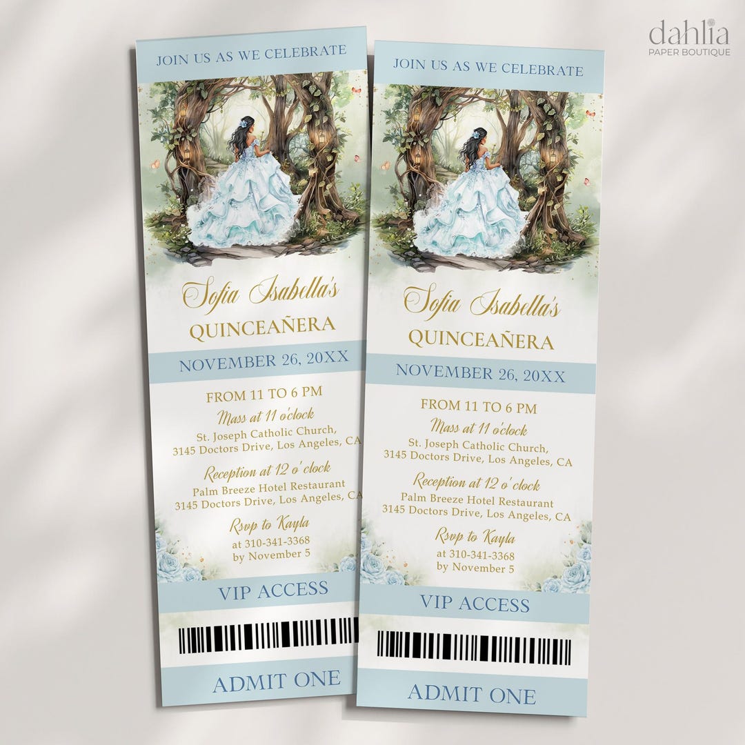 Enchanted Forest Quinceañera Ticket Invitation, EDITABLE Blue Magical ...
