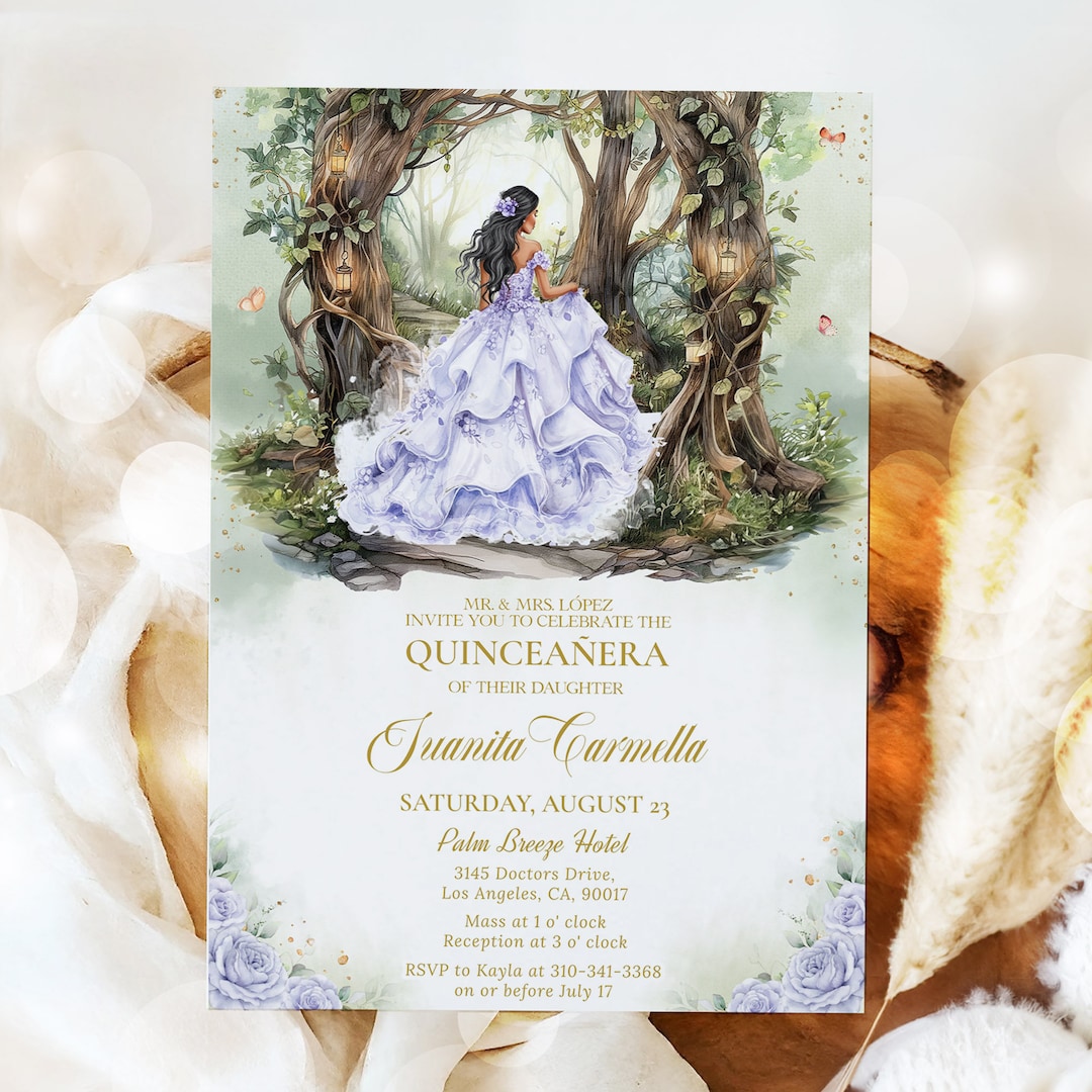 Enchanted Forest Quinceañera Invitation, EDITABLE Purple Magical Garden ...