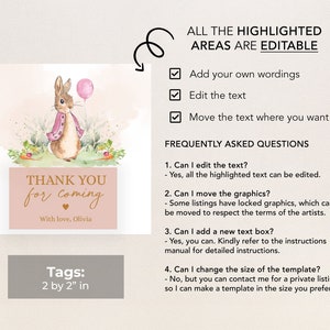 Peter Rabbit Thank You for Coming Gift Tag, EDITABLE Flopsy Bunny Party ...