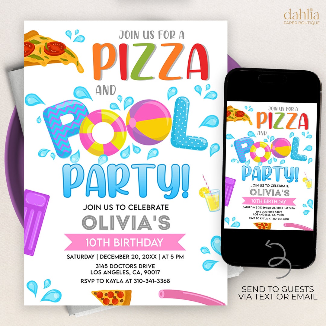 Pizza Pool Party Invitation, EDITABLE Swimming Party Invite, Tropical ...