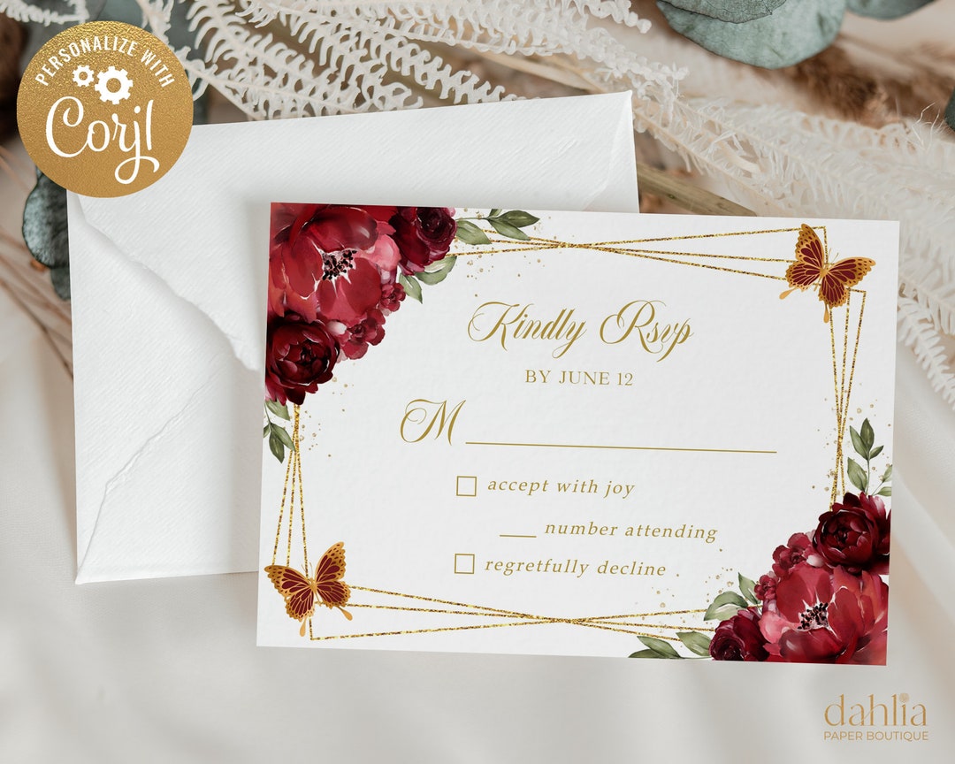 Quinceañera RSVP Card Template, Burgundy Gold Floral Quince Printable ...