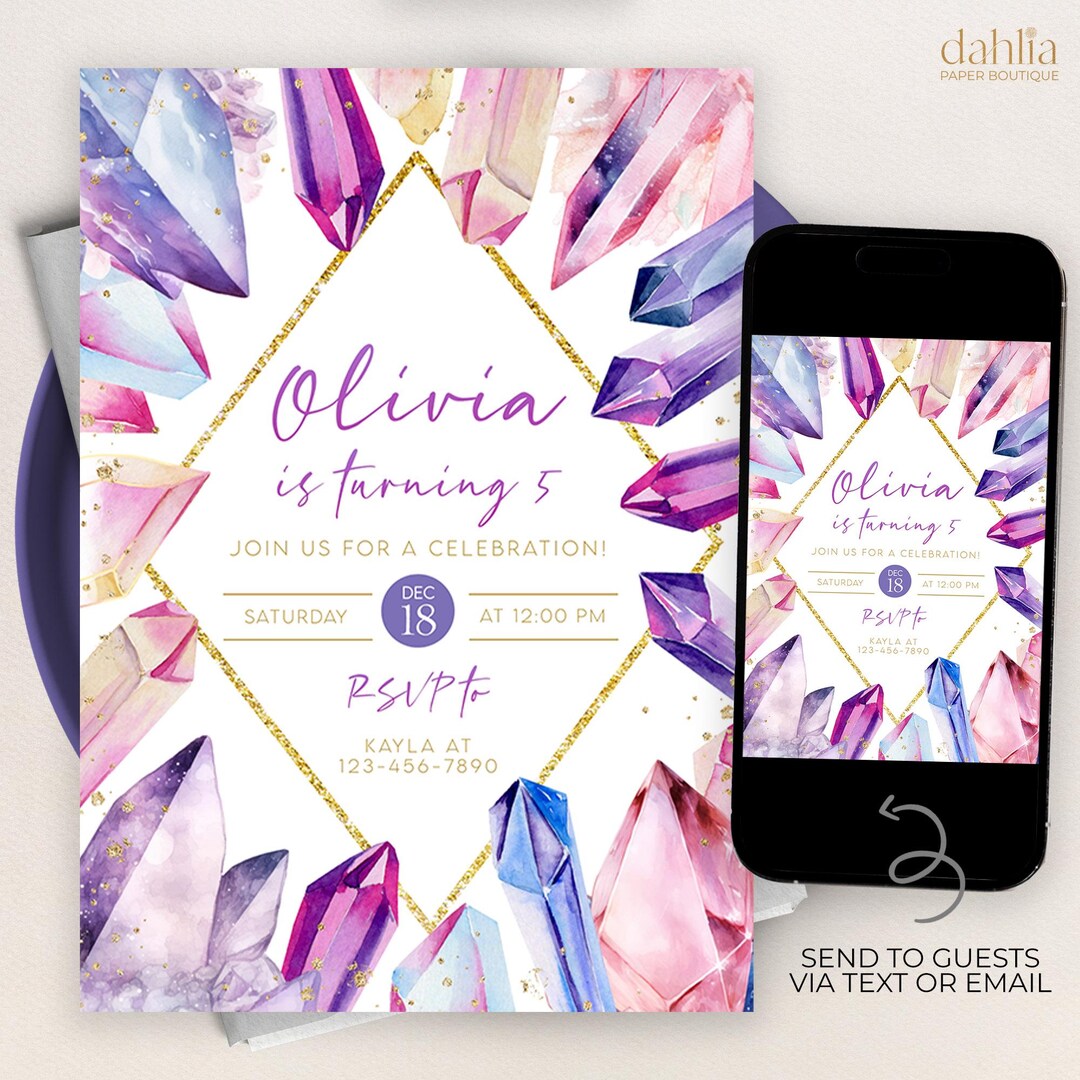 Crystal Gemstone Birthday Invitation, Editable Geode Party Invite, She ...