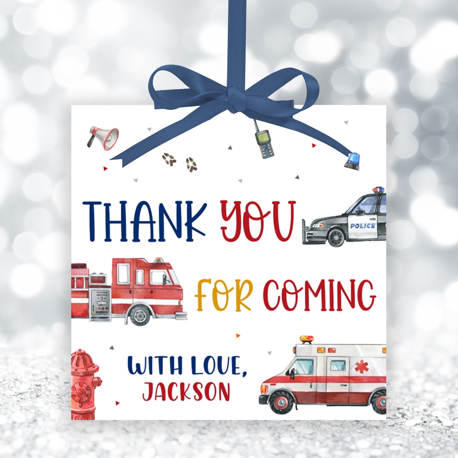 Emergency Vehicles Thank You Gift Tag, EDITABLE Firefighter Birthday ...