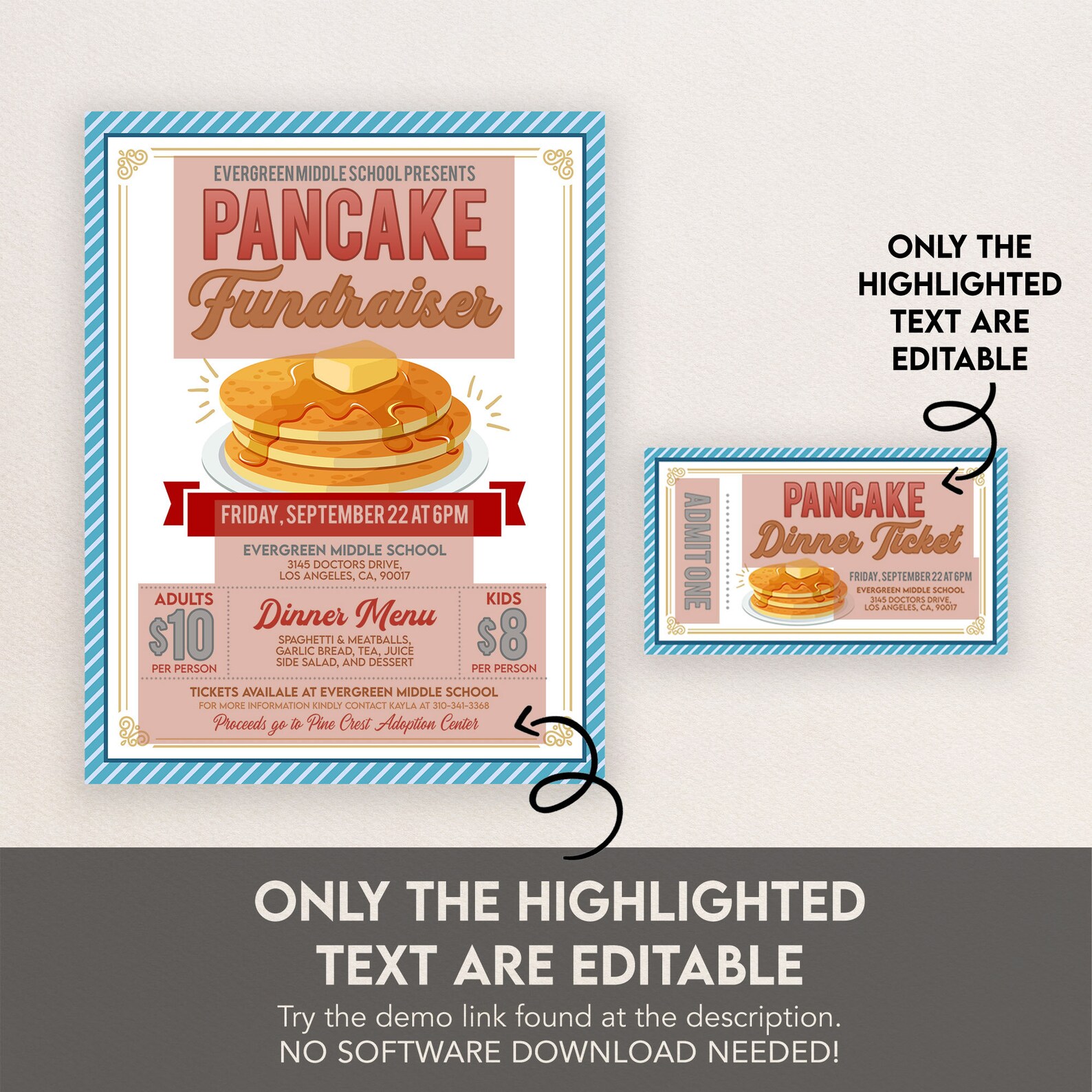 Editable Pancake Breakfast Fundraiser Flyer Ticket, PTA PTO School ...