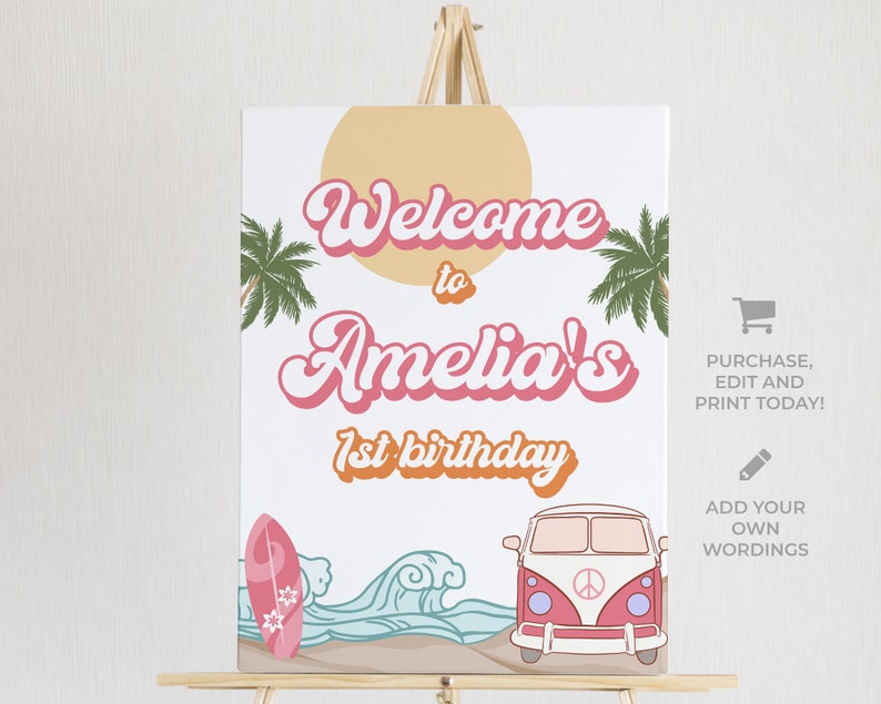 Surf's up Welcome Sign, EDITABLE Swimming Party Decor, Tropical Summer ...