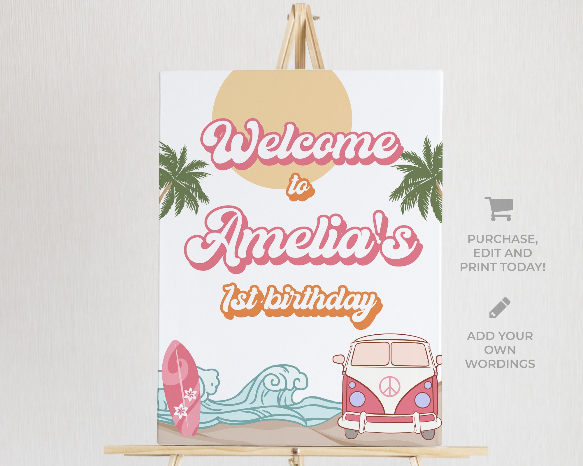 Surf's up Welcome Sign, EDITABLE Swimming Party Decor, Tropical Summer ...