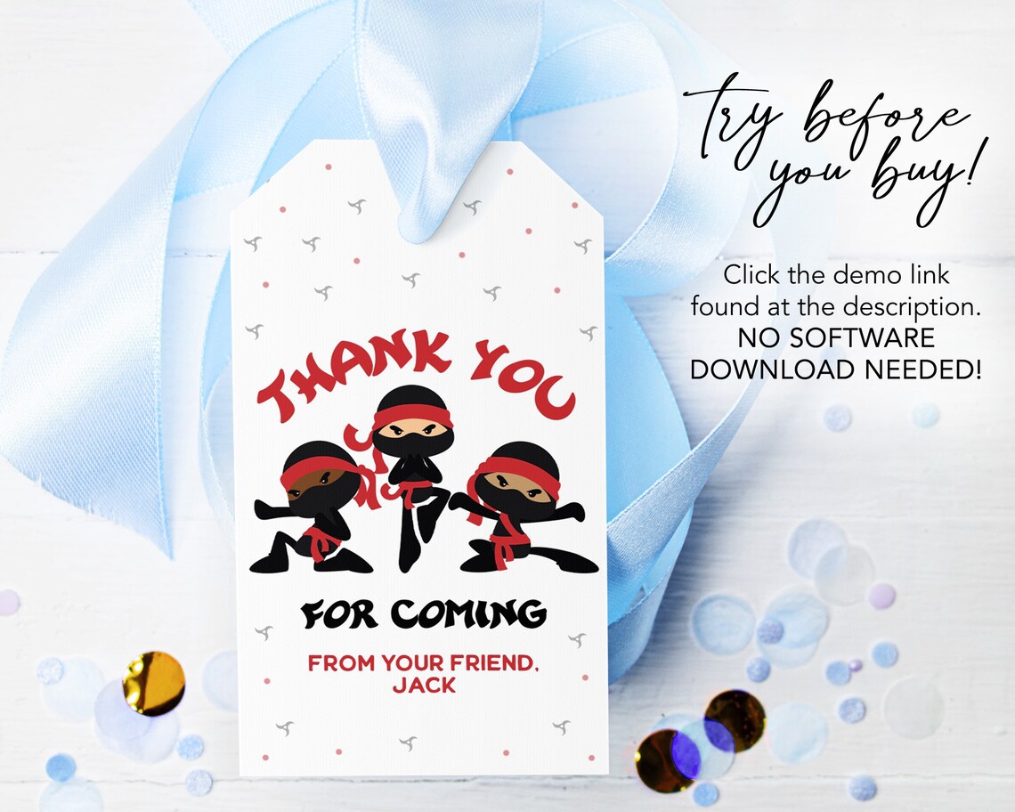 EDITABLE Ninja Birthday Thank You for Coming Gift Tag, Ninja Warrior ...
