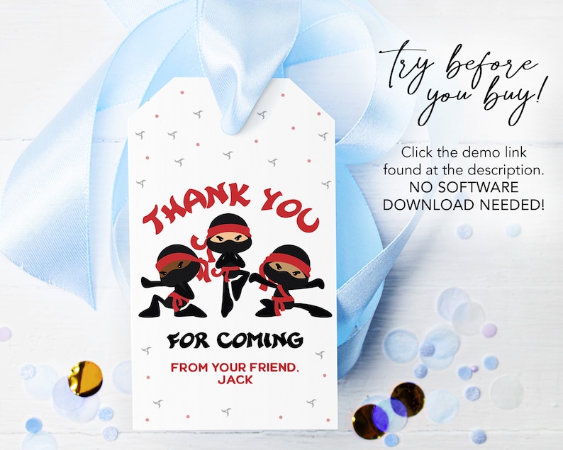 EDITABLE Ninja Birthday Thank You for Coming Gift Tag, Ninja Warrior ...