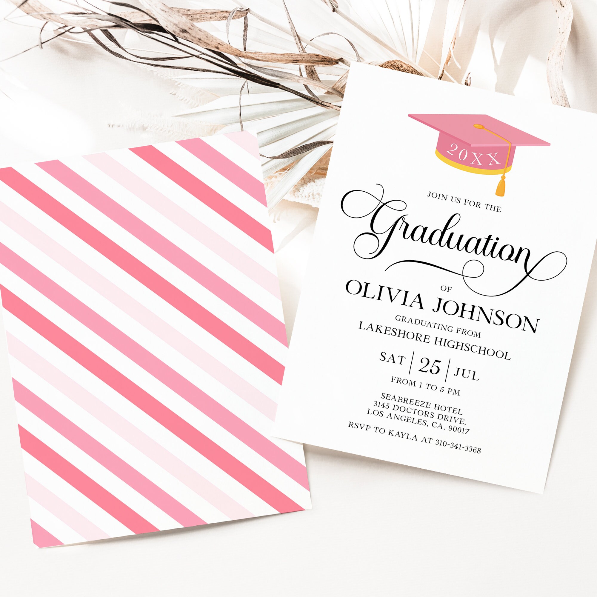 Graduation Party Invitation Template Editable, Pink Graduation ...