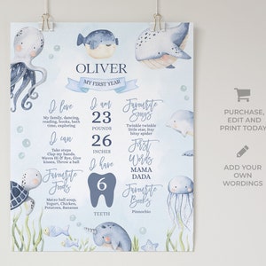 Under the Sea First Birthday Milestone Poster, EDITABLE Birthday Sign ...