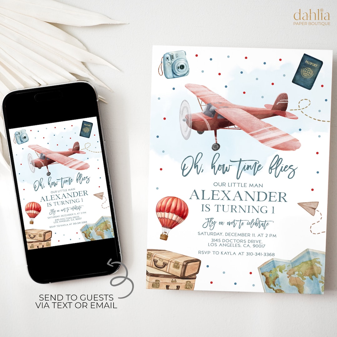 Airplane Jet Birthday Invitation, Oh My Time Flies, Editable Aviation ...