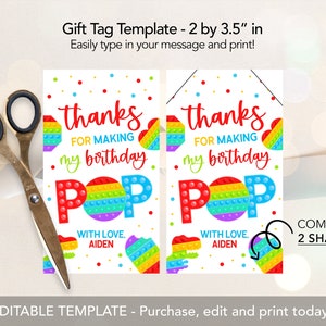 EDITABLE Pop It Thank You for Coming Gift Tag, Pop It Party Favor Tag ...