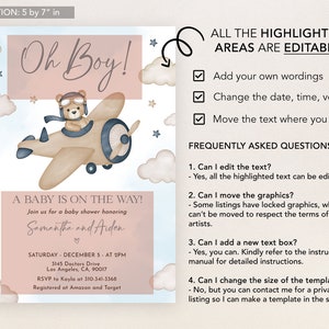 Invitación de baby shower de oso de avión, plantilla EDITABLE arriba y ...