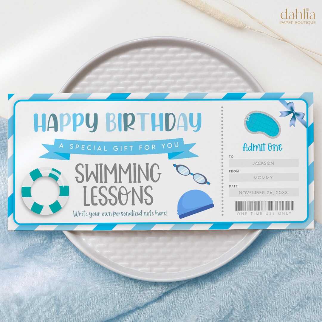 Swim Lessons Gift Certificate, Swimming Classes Ticket Editable ...