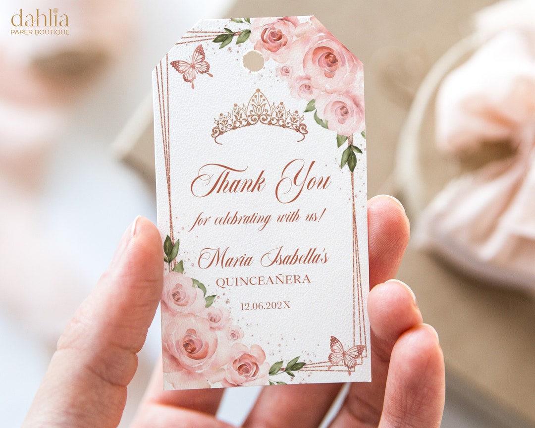 Pink Quinceañera Thank You Gift Tag, Editable Blush Rose Gold Quince ...