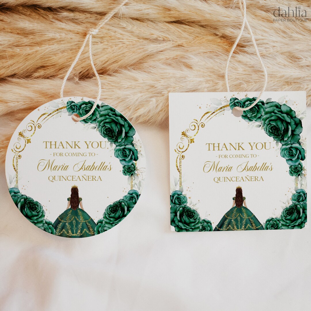 Quinceañera Thank You Gift Tag, Editable Emerald Green and Gold Arch ...