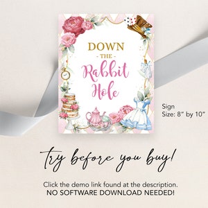 Down the Rabbit Hole Sign, Alice in Wonderland Birthday, EDITABLE ...