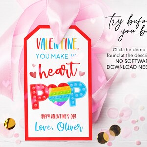 EDITABLE Pop It Valentine Gift Tag, You Make My Heart Pop Valentines ...