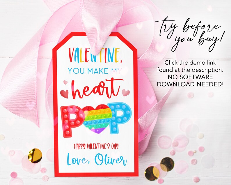 EDITABLE Pop It Valentine Gift Tag, You Make My Heart Pop Valentines ...