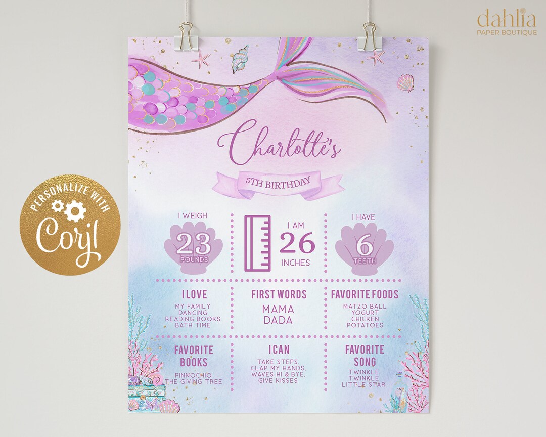 Mermaid First Birthday Milestone Poster, EDITABLE Under the Sea ...