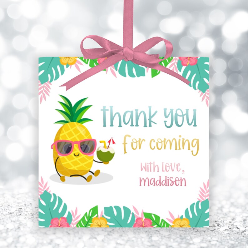 Pineapple Birthday Thank You for Coming Gift Tag, EDITABLE Hawaiian ...