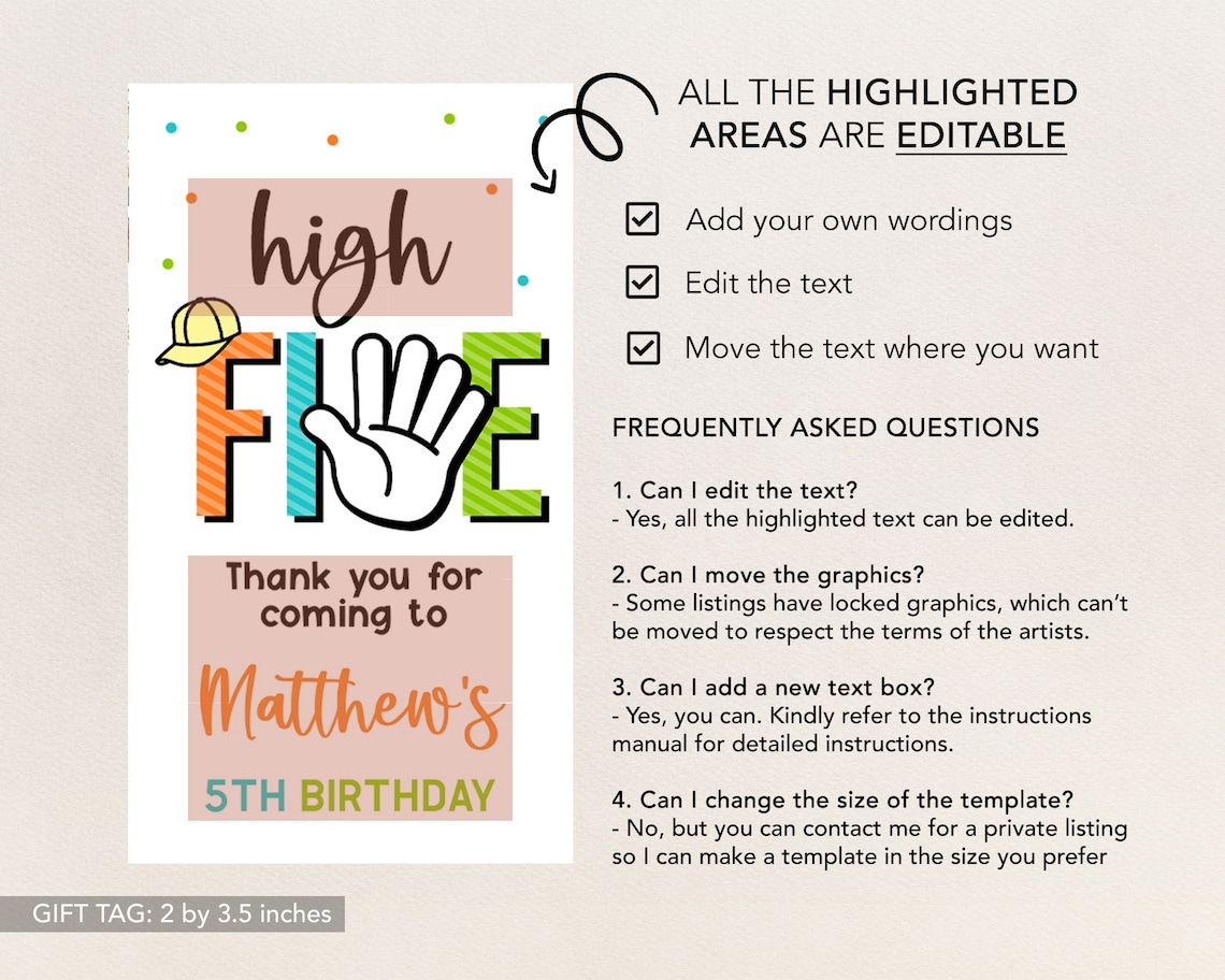 EDITABLE High Five Birthday Thank You for Coming Gift Tag - Etsy