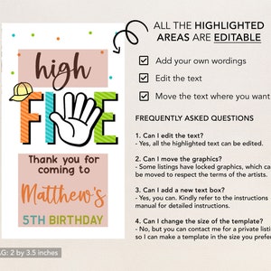 EDITABLE High Five Birthday Thank You for Coming Gift Tag, Printable Hi ...