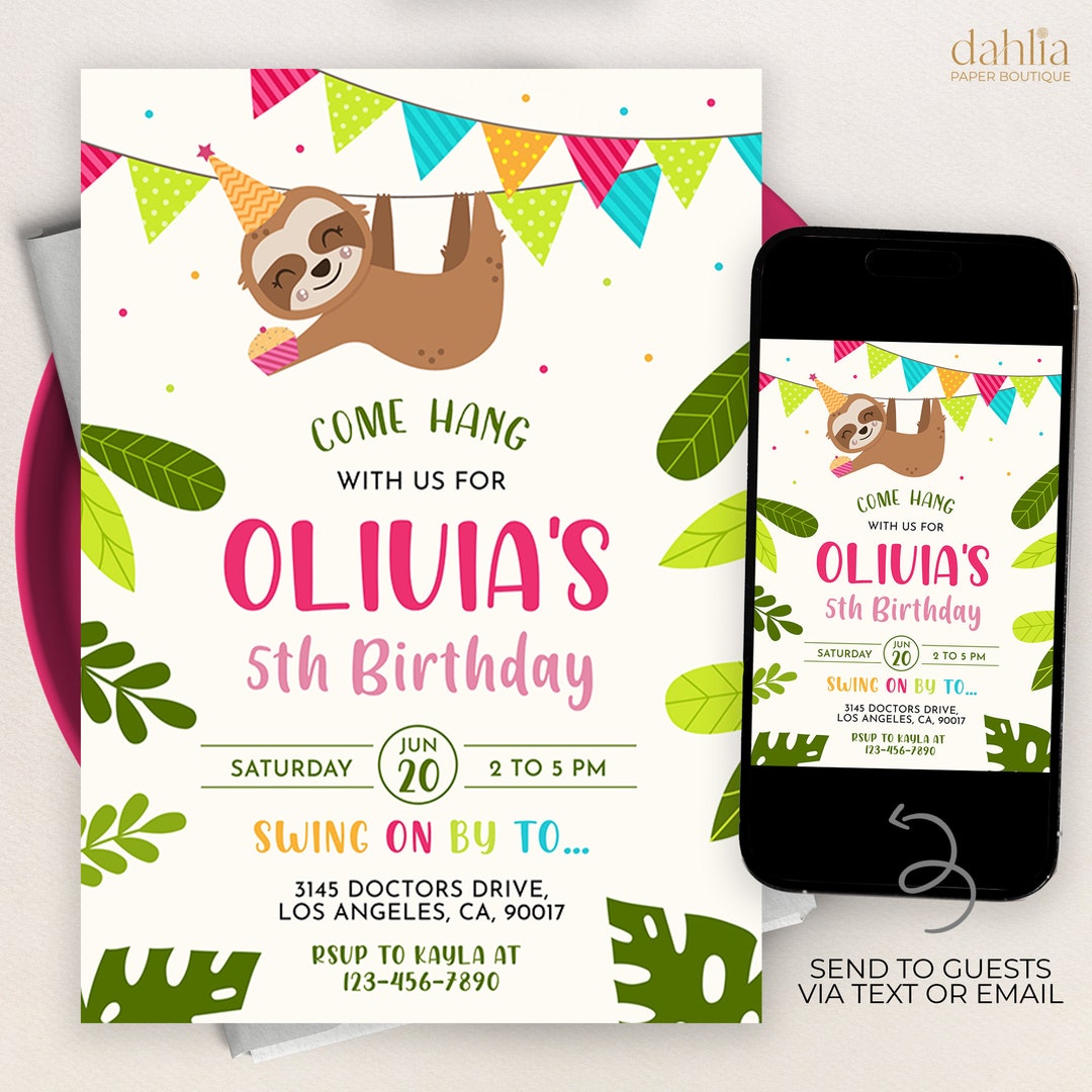 Sloth Birthday Invitation, EDITABLE Tropical Party Invite, Nature Theme ...