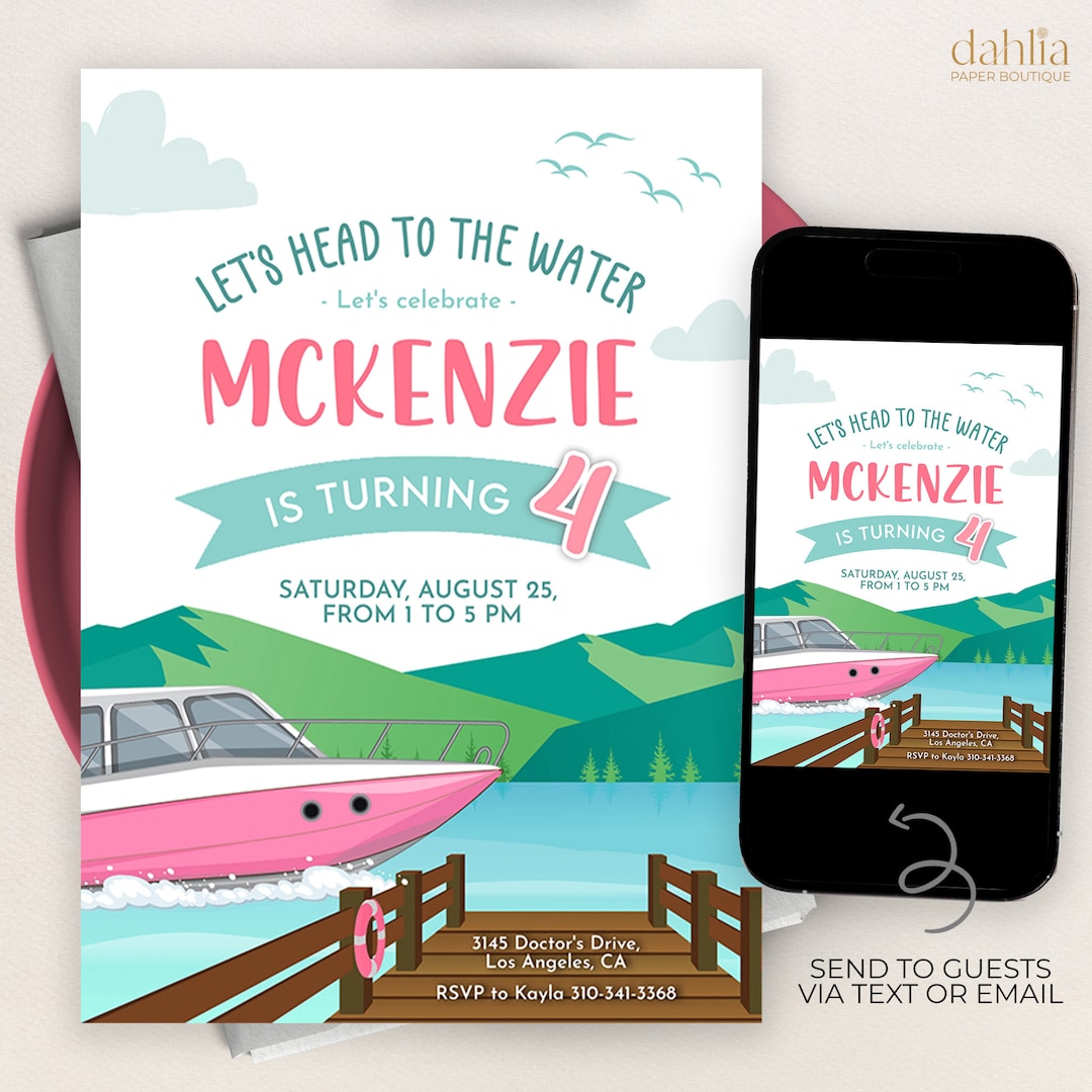 Boat Birthday Invitation, EDITABLE Lake Party Invite Template, Girl ...