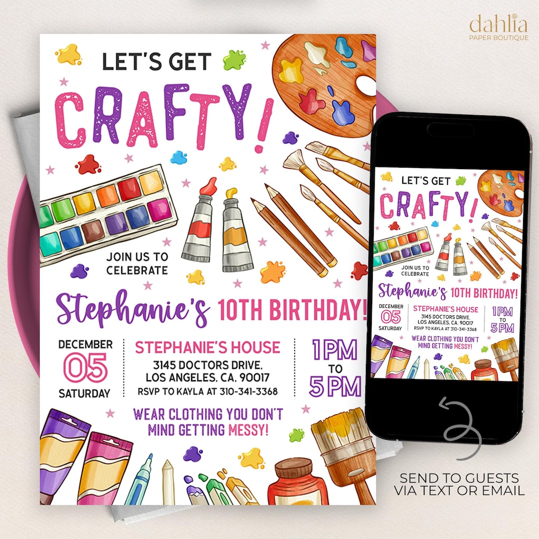 Craft Birthday Invitation, EDITABLE Painting Party Invite Template ...