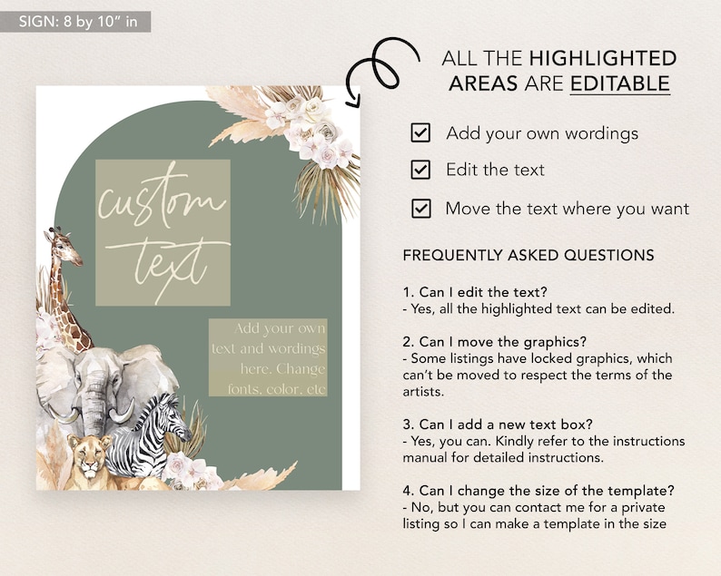 EDITABLE Boho Safari Baby Shower Custom Text Sign Jungle - Etsy