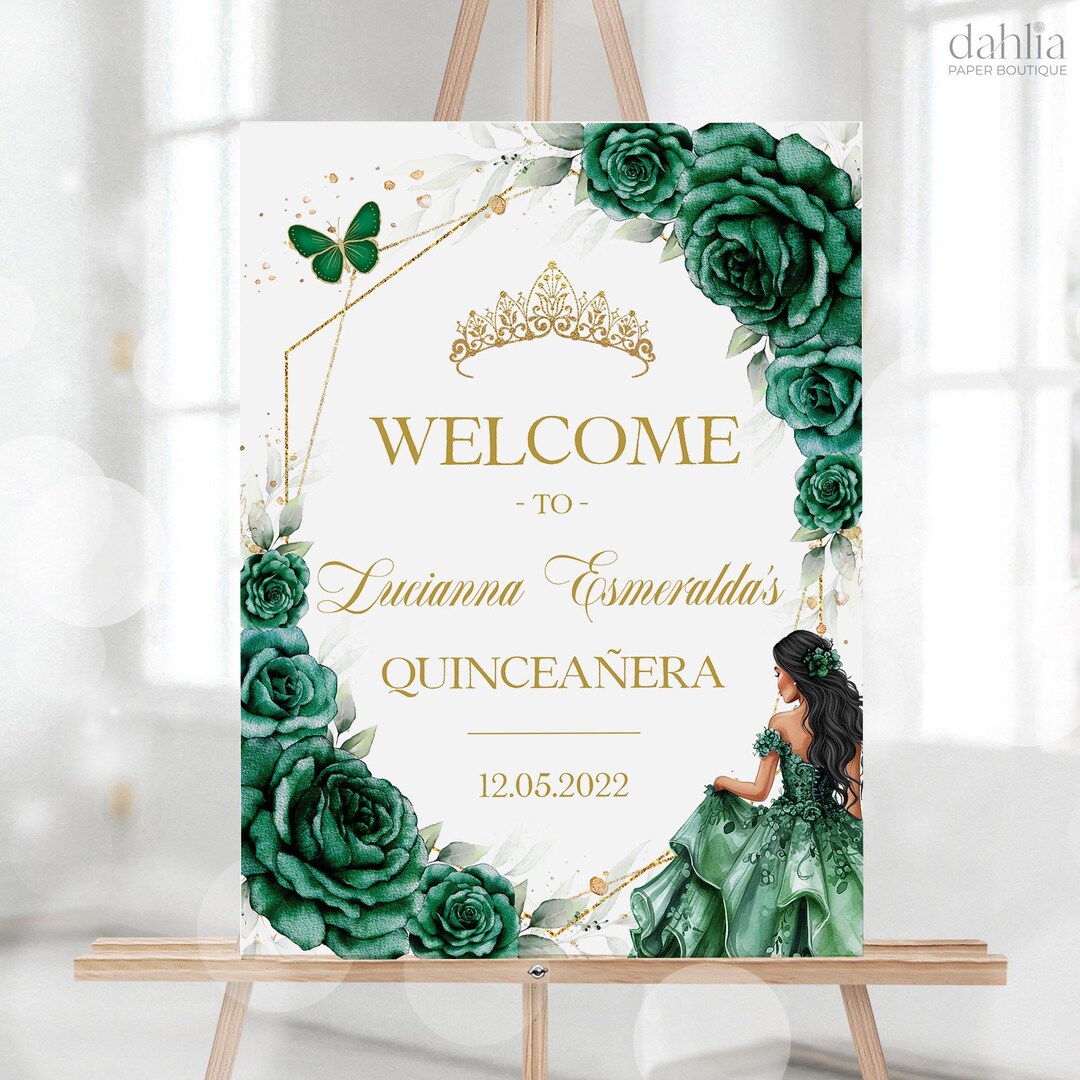 Emerald Green and Gold Quinceañera Welcome Sign, EDITABLE Floral 15th ...